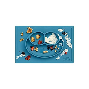 ezpz Happy Mat (Blue) New Version - 100% Silicone Suction Plate with Built-in Placemat for Toddlers + Preschoolers - Divided Plate - Dishwasher Safe