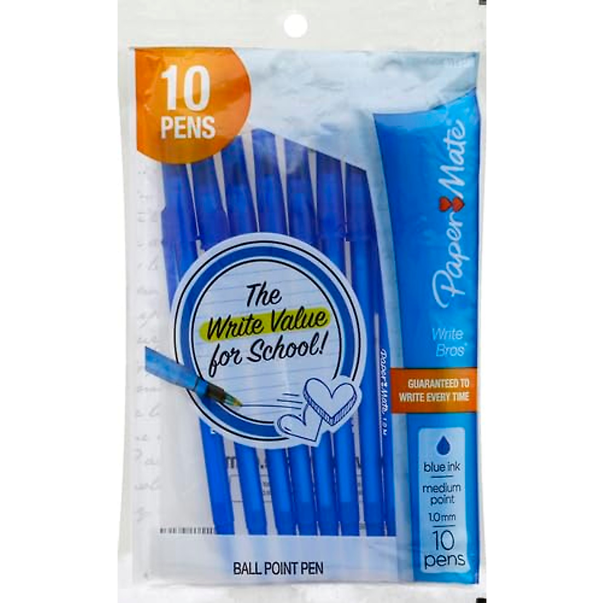 Paper Mate Write Bros Ballpoint Pens, Medium Point (1.0mm), Blue, 10 Count