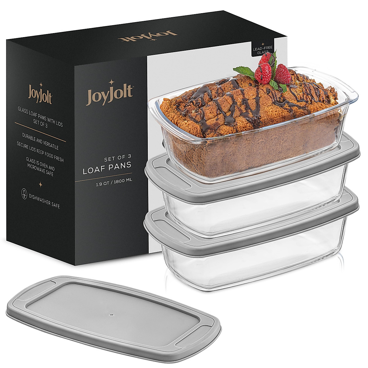 JoyJolt Glass Loaf Pan Set with Lid, Rectangular, 1.9 Quart, Deep, Meatloaf & Banana Bread Loaf Pans