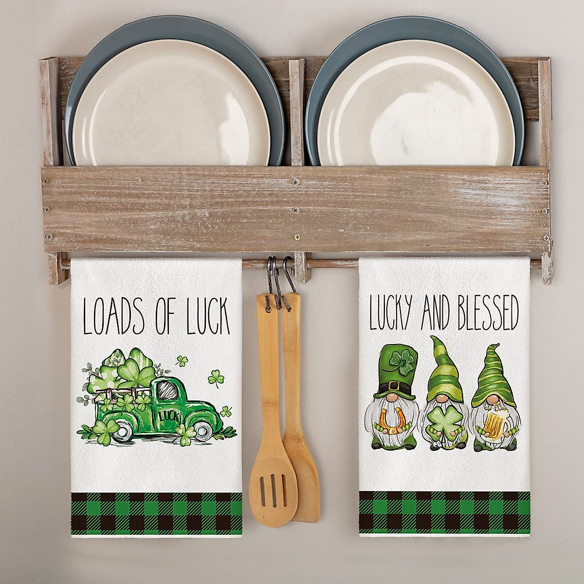 Artoid Mode Buffalo Plaid Lucky Clover Shamrock Truck Gnomes Kitchen Dish Towels, 18 x 26 Inch Seasonal St. Patrick's Day Ultra Absorbent Drying Cloth Tea Towels for Cooking Baking Set of 2