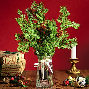 Watayo 8 Pcs Large Artificial Pine Needles Branches- 16" x 7" Christmas Fake Greenery Pine Picks with Pinecone- Faux Pine Leaves Sprigs for Christmas Garland Wreath & Home Garden Decoration