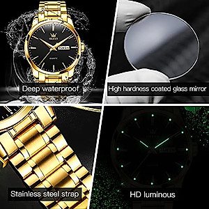 OLEVS Mens Gold Watches Analog Quartz Business Dress Watch Day Date Stainless Steel Classic Luxury Luminous Waterproof Casual Male Wrist Watches Black Face