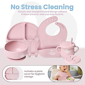 MiMiful Baby Led Weaning Supplies - 6+ Month Silicone Baby Feeding Set, First Stage BWL utensils Dinnerware,Toddler Plate Bowls Set, Spoon, Fork, Lid, Suction Bowl & Cup, Platos Para Bebes (SoftPink)