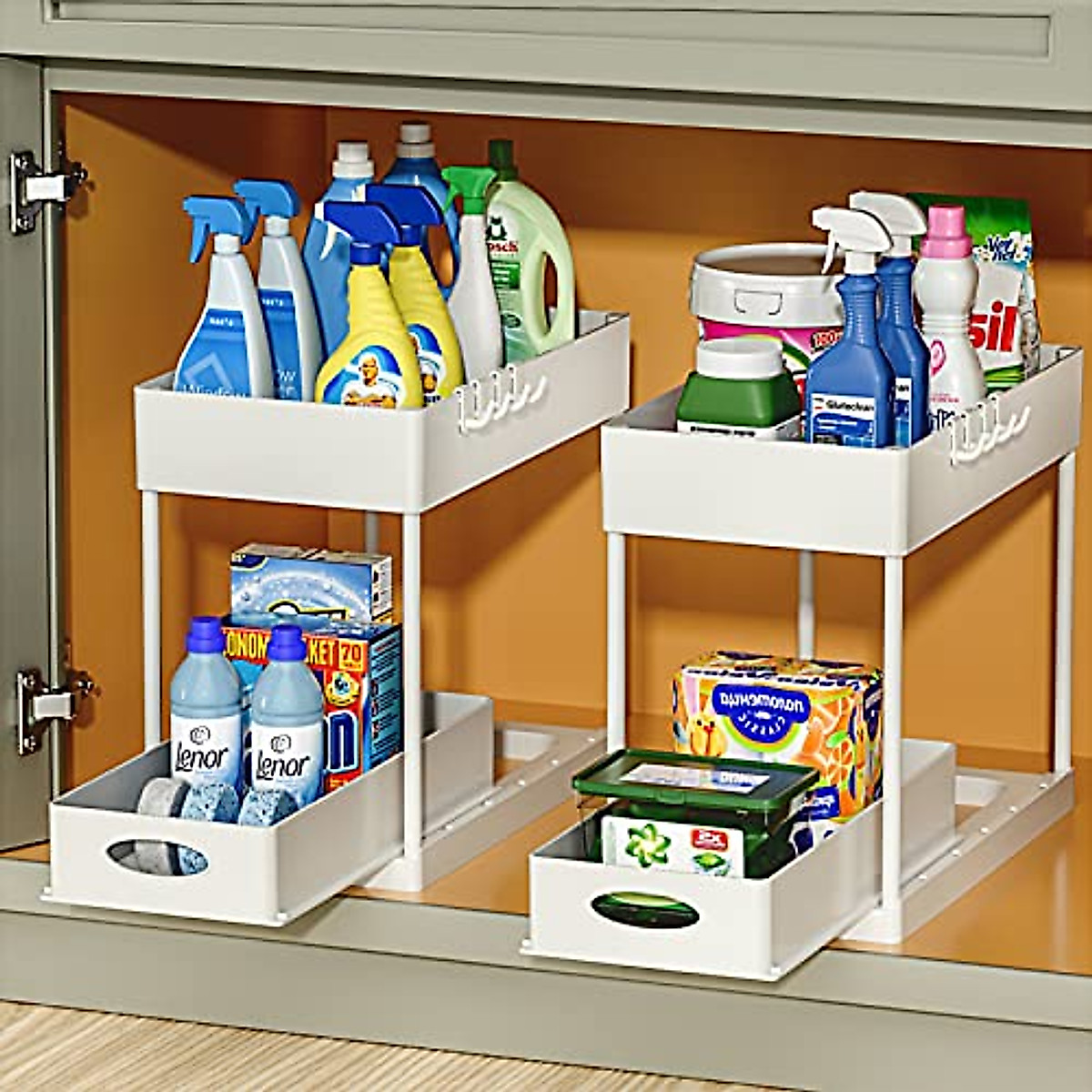 Appolab 2 Pack Under Sink Organizer, Sliding Cabinet Basket Organizer Drawers, Under Sink Organizers and Storage Bathroom Kitchen Cabinet Organizer with Hooks The Bottom Drawers Can Be Slid Out, White