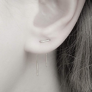 Minimalist Double Piercing Earrings for Women Men S925 Sterling Silver Bar Threader Dangle Drop Stud Safety Pin 2 Hole Lobe Bended Hook Fashion Personalized Hypoallergenic Lightweight Jewelry