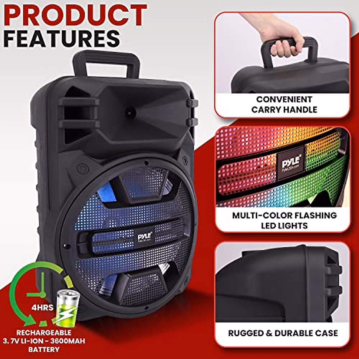 Pyle 12'' Portable Bluetooth Speaker System - 800 Watts - Karaoke Speaker w/ Latest DJ LED Lights, USB/FM/BT/Aux/Remote Control/Mic Inputs & Built-in Rechargeable Battery PPHP1243B