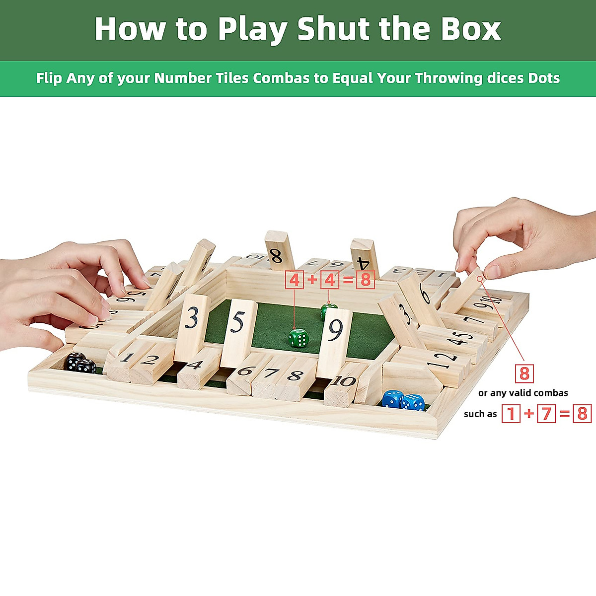 ApudArmis 4-Way Shut The Box 14 Inches, Large Wooden Board Game Set with Dice, Shut-The-Box for Kids & Adults - Learning Addition Classroom Home Party Pub