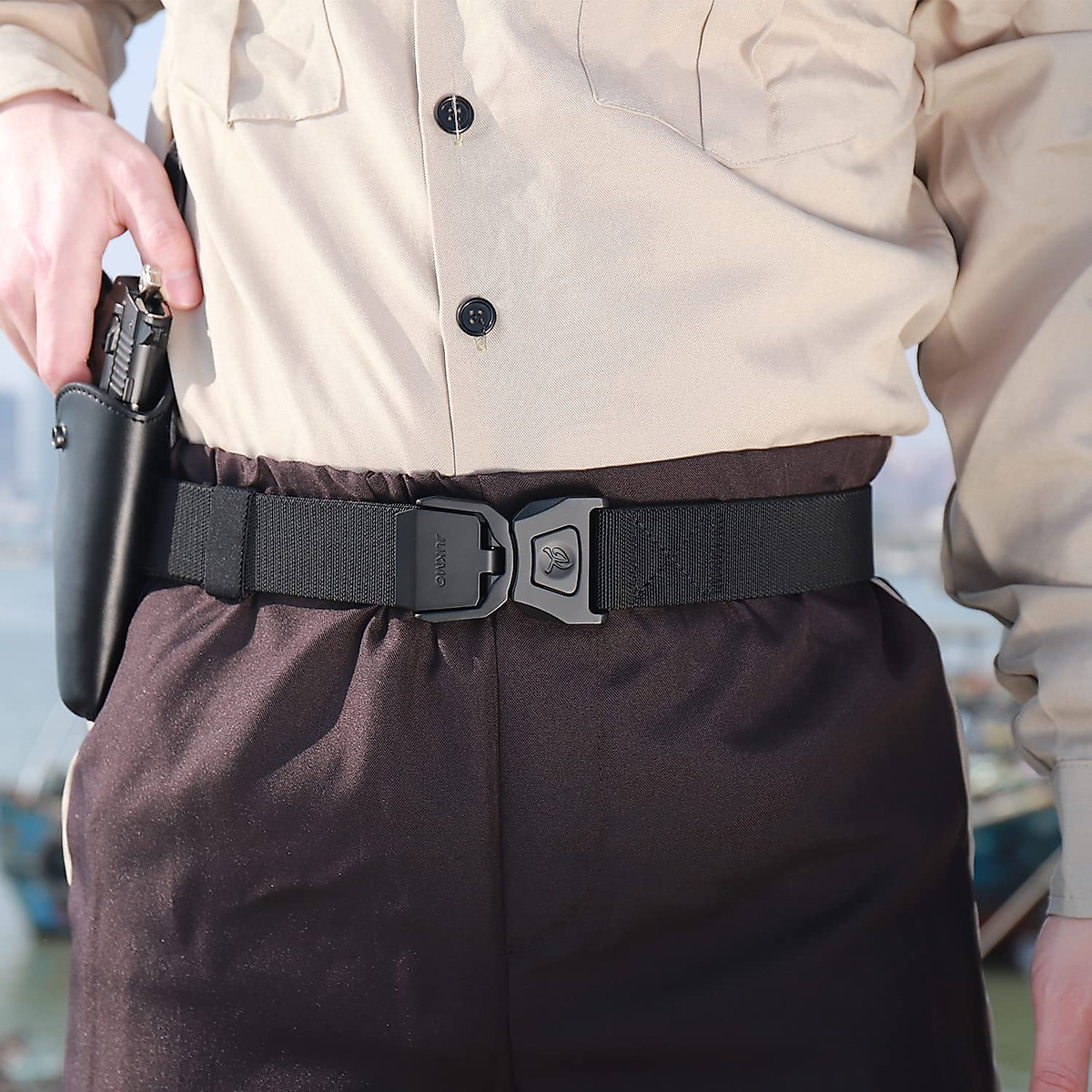 JUKMO Quick Release Tactical Belt, Military Work 1.5" Nylon Web Golf Belt with Heavy Duty Seatbelt Buckle (Black, Large-for Waist 42"-46" (Length 53"))