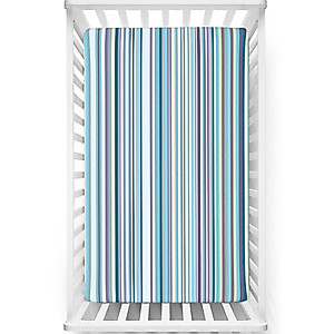 Striped Themed Fitted Mini Crib Sheets,Portable Mini Crib Sheets Soft Toddler Mattress Sheet Fitted-Crib Mattress Sheet or Toddler Bed Sheet,24“ x38“,Blue Lavender Cream
