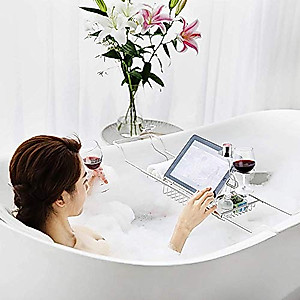 Bath Tray for Tub, Adjustable Bathtub Caddy Tray with Extending Side, Metal Bathtub Shelf Expandable Storage Rack Organizer with Wine Glass and Phone Holder for Home Bathroom Luxury Bathing, Silver