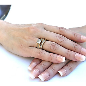 Couples Ring Set Womens 14K Gold Plated Stainless Steel Princess CZ Engagement Ring Mens Gold Plated Flat Wedding Band- Size W7M8