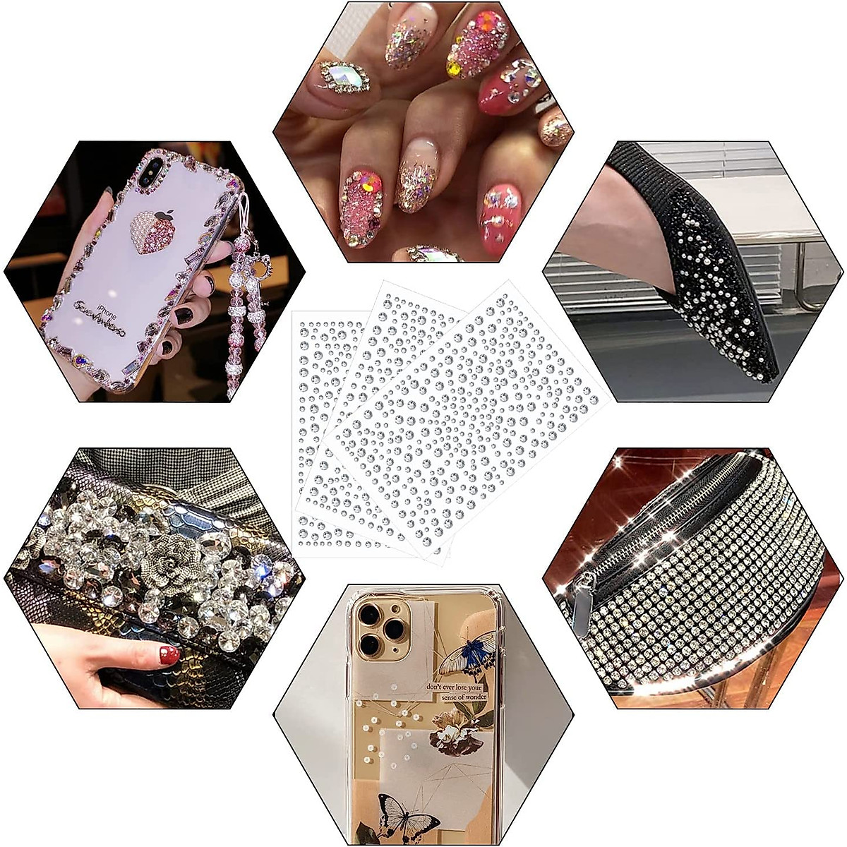 QOOSIKICC 5 Sheets Rhinestones Stickers Self Adhesive, Clear Stick on Crystal Diamond Gems Stickers, Bling Craft Jewels Gems Stickers for Nails Face Makeup Decoration Rhinestones Gems Stickers