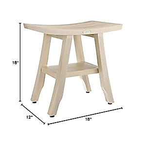 CoastalVogue Teak Satori Shower Bench Wooden Seat Spa Shower Stool with Curved Seat and Shelf Teak Wood Shower Bench in Antique White Finish - 18 inches Length x 12” Width