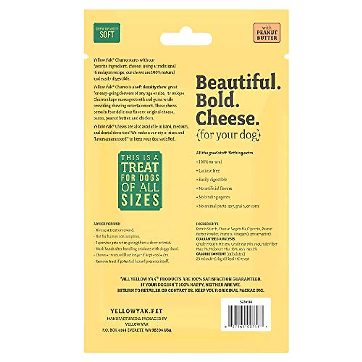 Yellow Yak Churro Chew | USA Made | Lactose - Soy - Grain - Gluten Free | for All Dogs | 4 Churro Chews | Real Cheese & Peanut Butter Flavor