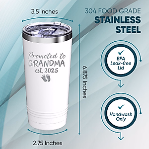 shop4ever Promoted to Grandma Est. 2025 Tumbler Insulated Tumbler 20 oz. with Lid, Stainless Steel Cups Travel Coffee Mug New Grammy Baby Announcement Gift (White)