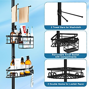 cutefafa Rustproof Corner Shower Caddy Tension Pole, 4 Large Baskets for Bathtub Shampoo Storage Organizer Bathroom Height Adjustable Shelves from 23.6 to 114.5 Inch with Towel Bar