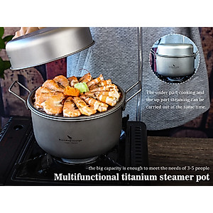 Boundless Voyage Titanium 1900mL Pot and 900mL Fry Pan Set with Steaming Rack and Lid Multifunctional Steamer Stockpot Outdoor Cooking Ultra Light Camping Cookware