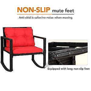 3 Pieces Rocking Bistro Set Wicker Patio Furniture Outdoor Conversation Sets Rattan Rocking Chairs with Red Cushions and Glass Coffee Table for Patio Porch Backyard Balcony Poolside Garden