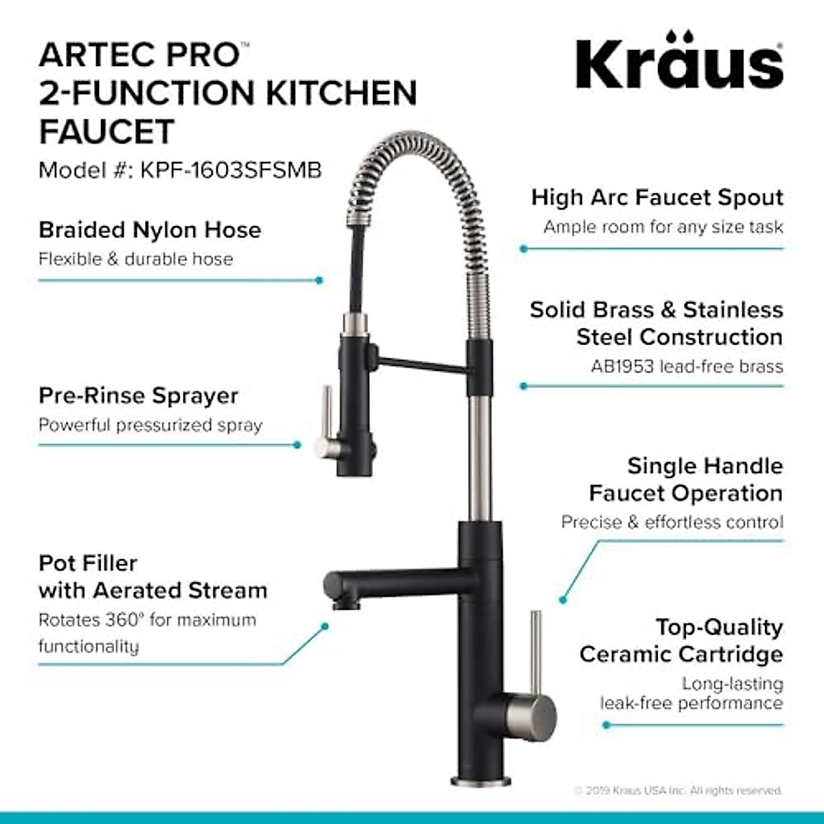 Kraus KPF-1603SFSMB Artec Pro 2-Function Commercial Style Pre-Rinse Kitchen Faucet with Pull-Down Spring Spout and Pot Filler, 24.75 inch, Spot Free Finish Stainless Steel/Matte Black