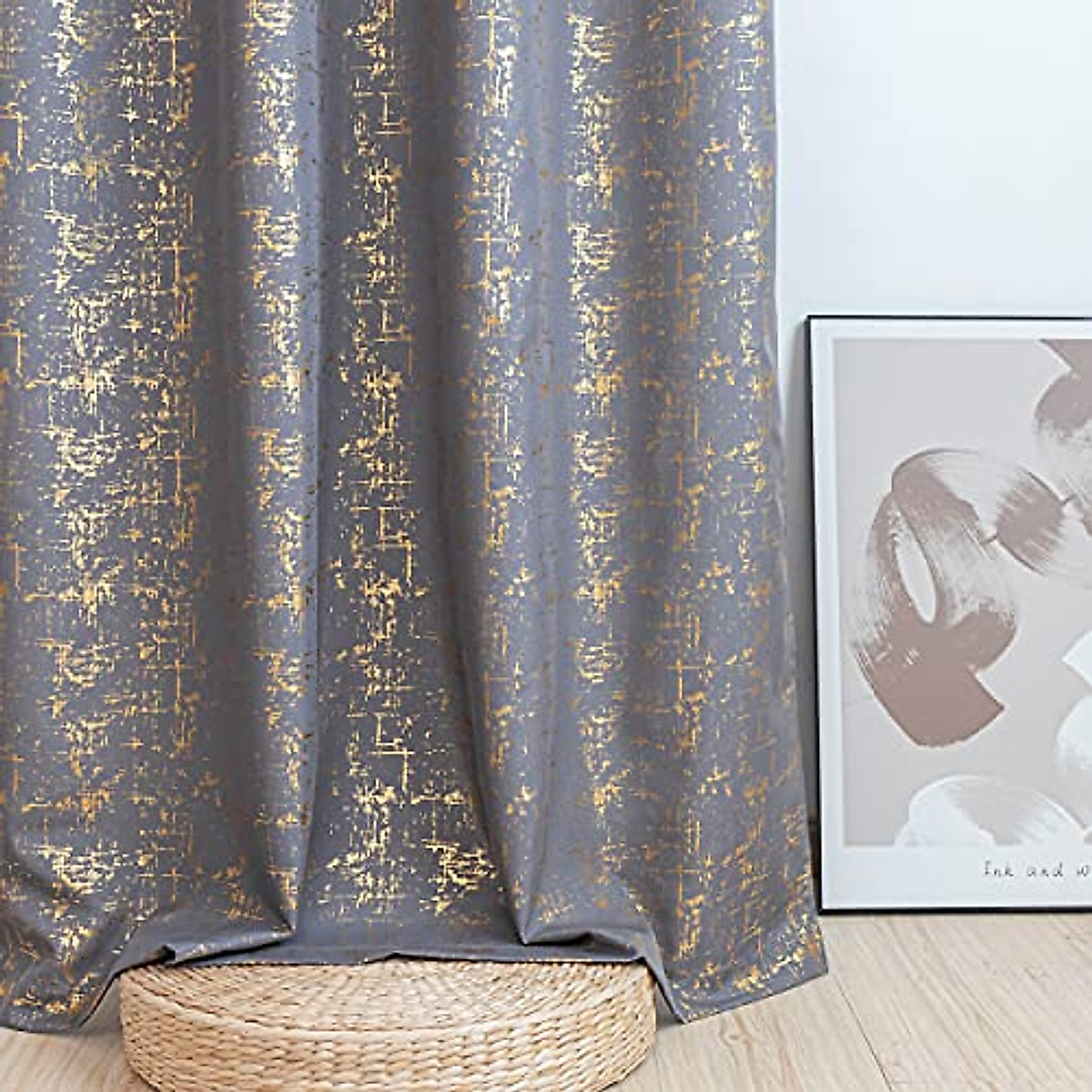 Taisier Home Gold Foil Print Linen Textured Curtains Geometric Dots Pattern Design Curtains for Bedroom Living Room Thermal Insulated Window Treatment 2 Panels 84" L,Soft Grey and Gold Curtains Print