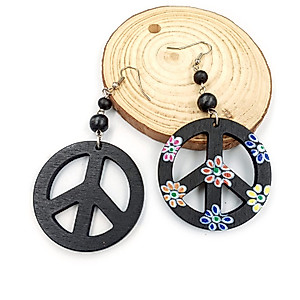 TIANHONGYAN Lightweight Hippie Colorful Love Peace Sign Dangle Drop Wood Earrings 60s 70s Hippie Earrings for Women Christmas Party Favors Costume Accessories (black)