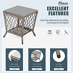 Olmia Chase Lounge Chair Outdoor Set of 3 with Glass Table, 3 Piece Outdoor Chaise Lounge Wicker Rattan Patio Lounger Chairs 5 Position with Cushions,Retractable Foot-Rest - Steel Frame