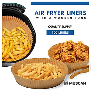 MUSCAN Air Fryer Liners 100 Pcs 8 Inches Round with Wooden Tong Disposable Large Oil Resistant, Waterproof, Unbleached Parchment Paper, Air Fryer Accessories for Air Frying, Baking, Roasting Microwave
