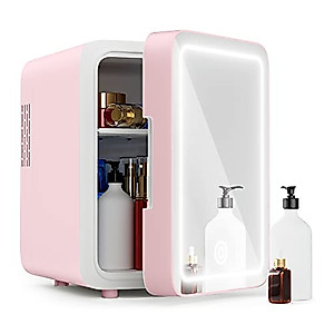 Easy-Take Skincare Fridge - Mini Fridge with Dimmable LED Mirror (4 Liter/6 Can), Cooler and Warmer, for Refrigerating Makeup, Skincare and Food, Mini Fridge for Bedroom, Office and Car, Pink