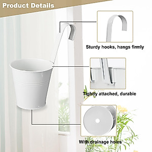 MADHOLLY 6 Pack Metal Iron Fence Hanging Planters with Drainage- 10.6" & 5.1" Hanging Flower Pots for Balcony Railing- Hanging Buckets for Herb Planter Outdoor Deck & Rail Decor with Hook, White