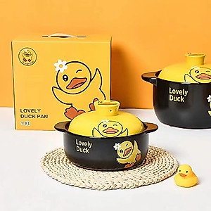 Korean Premium Duck Cartoon Ceramic Yellow Casserole Clay Pot with Lid, Perfect for Cooking Hot Pot, Dolsot Bibimbap, and Soup (2-Quarts)