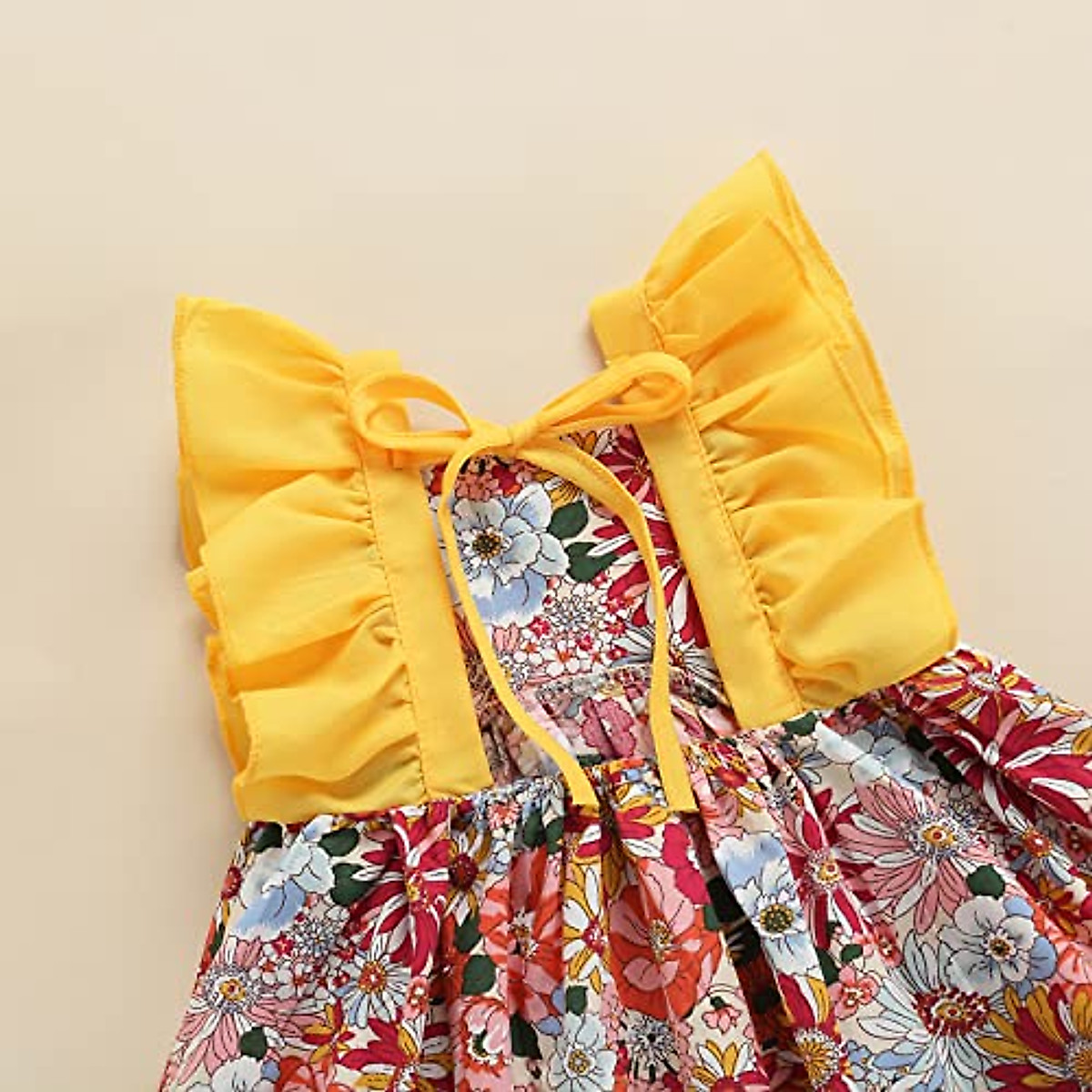 Toddler Infant Girl Flower Dress + Sun Hat 2Pcs Summer Boho Floral Ruffle Sleeve Tutu Dresses Baby Clothes Set (12-18 Months, Yellow)