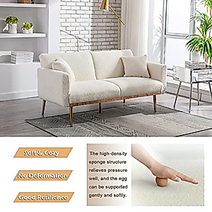 Antetek Futon Sofa Bed with 3 Adjustable Positions, Small Sleeper Sofa Loveseat with 2 Decorative Pillows, Modern Upholstered Convertible Couch with 5 Metal Tapered Legs, White Teddy
