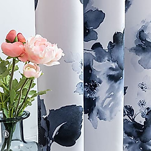 Taisier Home 84 Inch Grommet Room Darkening Window Curtain Drapes, Chinese Traditional Ink Painting Stylized Leaves and Flower,Artwork,Deep Blue Print Curtains for Living Room Bedroom and Nursery