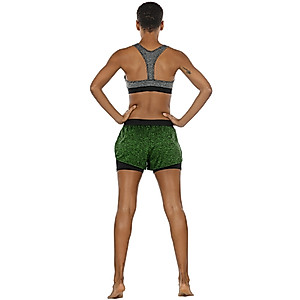 icyzone Running Yoga Shorts for Women - Activewear Workout Exercise Athletic Jogging Shorts 2-in-1 (Black Heather/Green Heather, L)