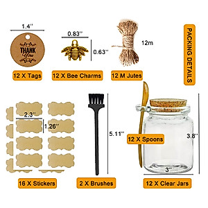 Ahhute Glass Storage Honey Jars with Cork Lids, Bamboo Spoons,Brush and Lables - Glass Canning Jars for Bath Sea Salt, Spices, Teas, Candy, Candle Making,Diy and Art,Dishwaresafe,12 Pack, 250ml/8oz