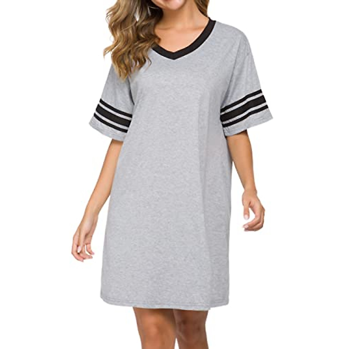 Vslarh Women's Nightgown, Cotton Sleep Shirt V Neck Nightshirts Short Sleeve Loose Comfy Pajamas Dress Casual Sleepwear (Gray, XXL)