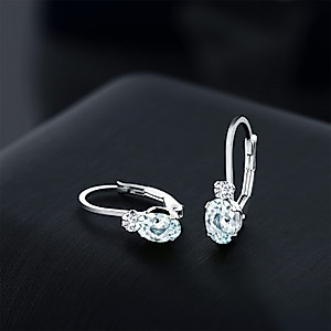 Gem Stone King 925 Sterling Silver Sky Blue Aquamarine & White Diamond Leverback Earrings For Women (1.07 Cttw, Gemstone Birthstone, Oval 6X4MM, Round 2MM, 3/4 Inch)
