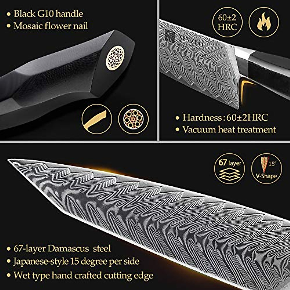 XINZUO 5-piece Damuscus Kitchen Knife Set,67 Layer Hand Forged Damascus Steel Professional Chef Knife Set with Gift Box, G10 Black Handle,Razor Sharp-Feng Series