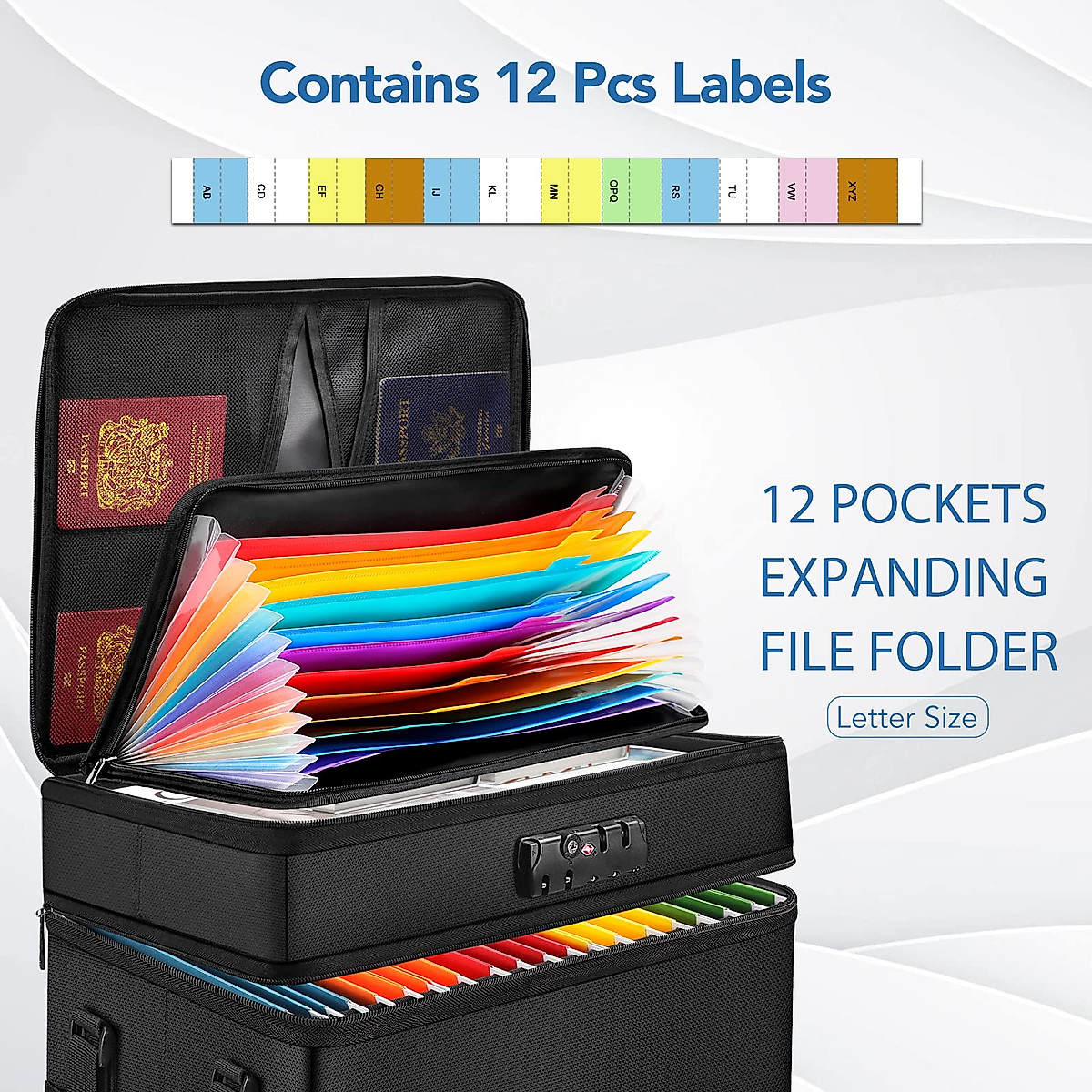 Fireproof Document Box with 13 Pockets Accordian File Organizer, ELOBOON Water-Resistant File Organizer Box with Lock, Collapsible File Storage Box Cabinet for Hanging Letter/Legal Folder, Black