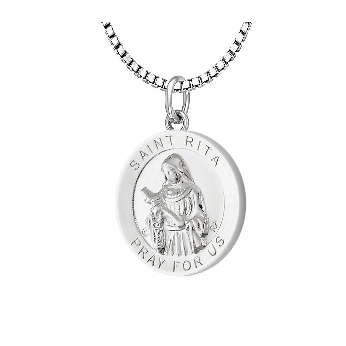 US Jewels New Polished 3/4in 0.925 Sterling Silver Saint St Rita Medal Pendant Necklace