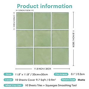 Commomy 10 Pcs Matte Sage Green Peel and Stick Wall Tile,11.8"X11.8" Ultralight PVC Wall Panels 3D Square Peel and Stick Backsplash for Kitchen,Bedroom,Living Room,Bathroom,RV
