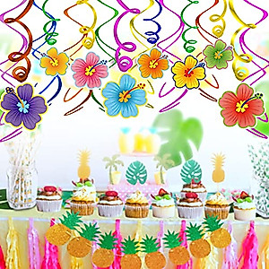 HOWAF 30 Pcs Hawaiian Tropical Luau Birthday Party Hanging Swirls Hibiscus Swirls Flower Foil Swirl Decorations Ceiling Decorations for Tiki Cocktail Beach Summer Party Decoration Supplies