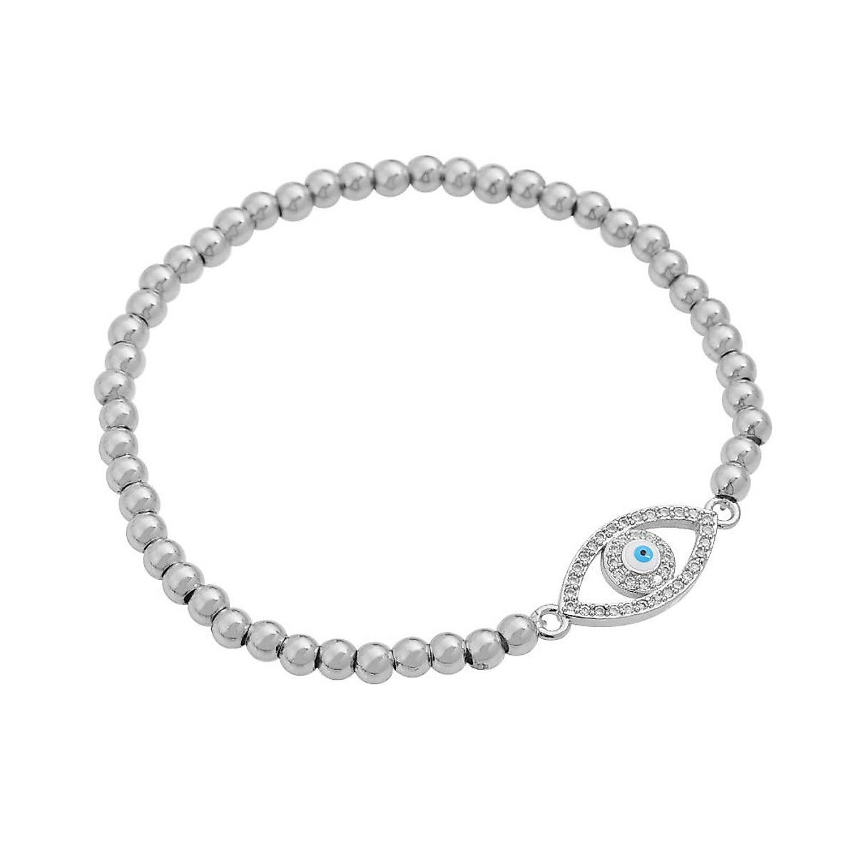 Edforce Stainless Steel Women Evil Eye Ball chain Elastic bracelet with CZ Cubic Zirconia (Eye Silver)