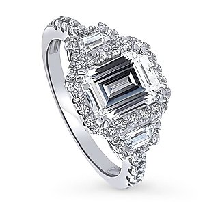BERRICLE Sterling Silver 3-Stone Wedding Engagement Rings Step Emerald Cut Cubic Zirconia CZ Halo Ring for Women, Rhodium Plated Size 9