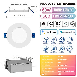 JULLISON 4" LED Smart Slim Recessed Pot Light, WiFi APP & Voice Control, 120VAC, 9W, 600LM, RGB + 2700K-6000K, ETL & FCC & IC Rated, Wet Location, Compatible with Alexa/Google Home, White - 4 Packs