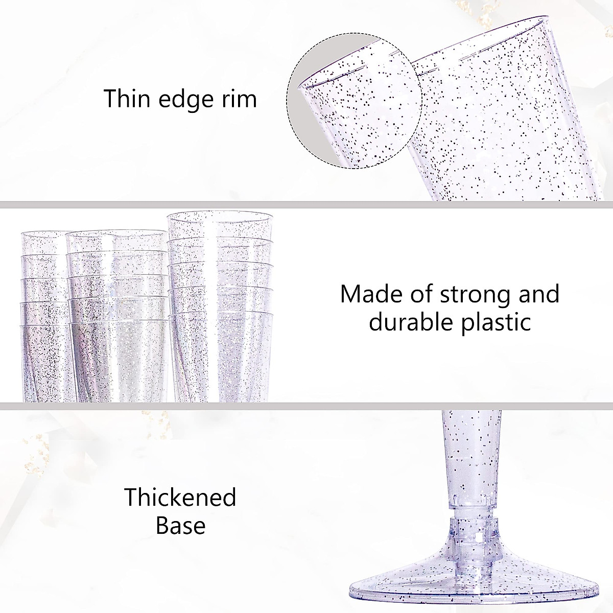 PlasticStrong Stemmed Champagne Flutes Shatterproof, Unbreakable, Reusable Plastic Champagne Flute for any occasion Set of 30 Silver Glitter wine glasses