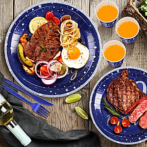 50th Birthday Party Supplies Disposable Paper Plates Napkins Cups Knives Spoons Forks for Men women Navy Blue 50 Birthday Party Decorations, Total 168pcs,Serve 24