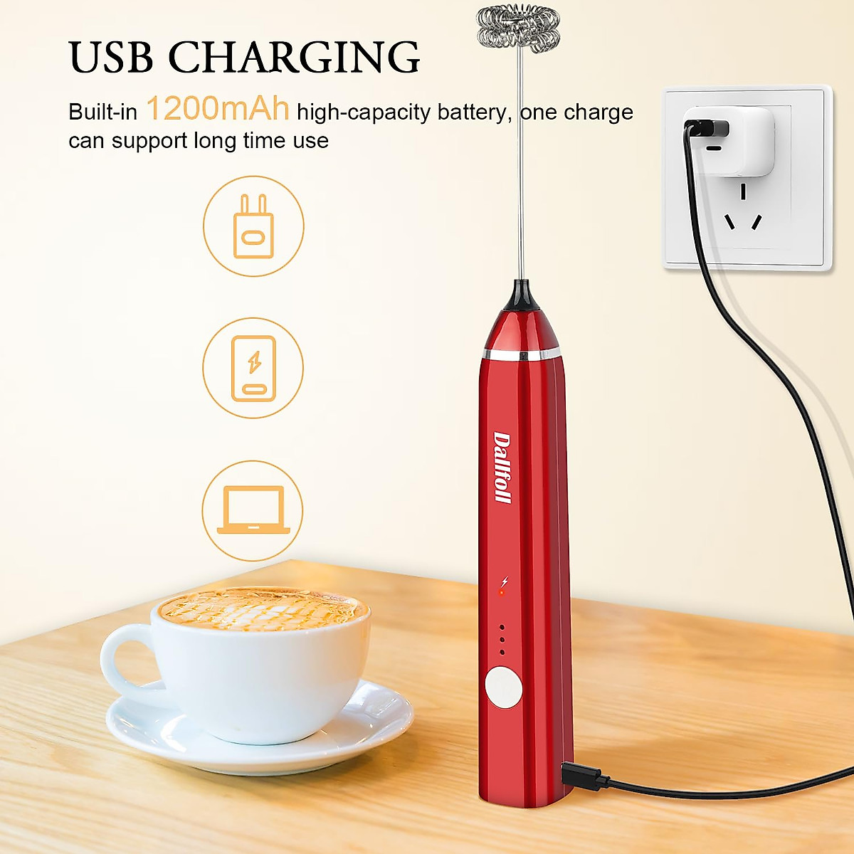 Milk Frother Handheld, Dallfoll USB Rechargeable Electric Foam Maker for Coffee, 3 Speeds Mini Milk Foamer Drink Mixer with 2 Whisks for Bulletproof Coffee Keto Frappe Latte Cappuccino (Red)