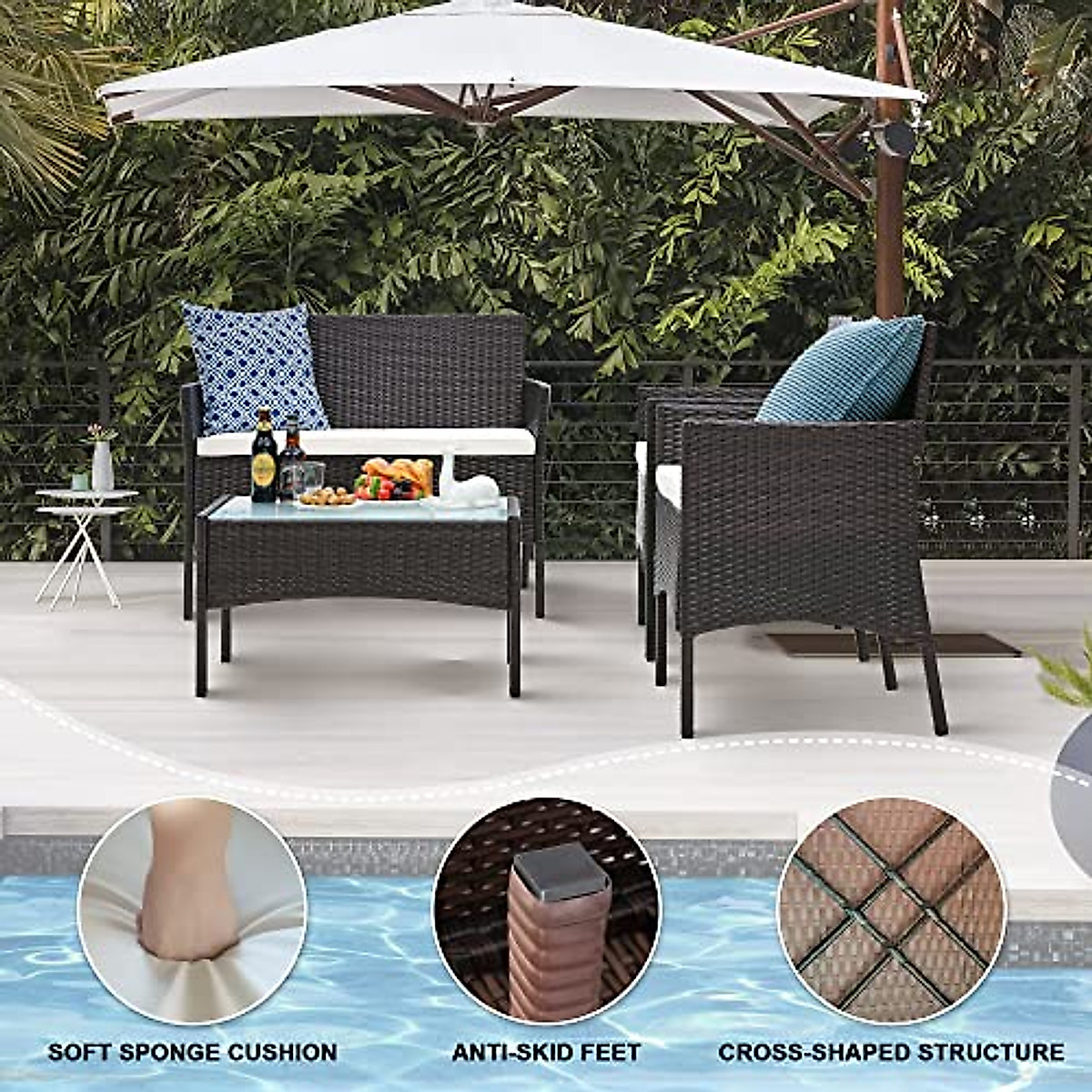 Mr IRONSTONE 4 Pieces Patio Furniture Set, Outdoor 2 Rattan Chairs Wicker Sofa with Tempered Glass Side Table and Soft Cushions, Outdoor Conversation Sets for Patio, Lawn, Garden, Poolside, Balcony