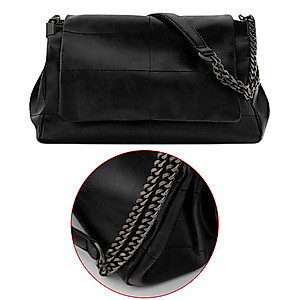 Womens Vintage Black Rock Style Flap Single Shoulder Bag with Chain Strap Faux Leather Luxury Zipper Messenger Handbag Pack Purse Chain Strap Faux Leather Purse